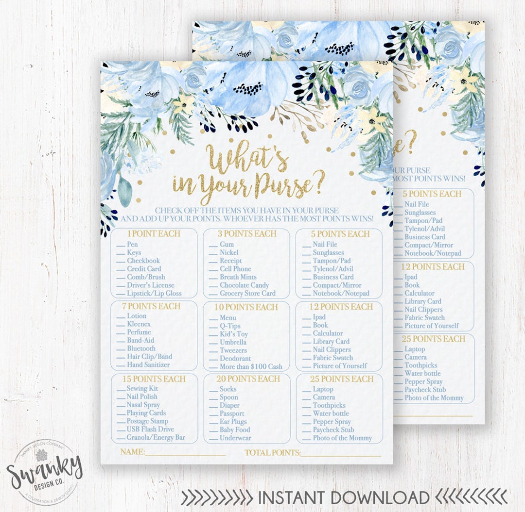 What's in Your Purse Baby Shower Game, Blue Floral and Gold, Boy Baby ...