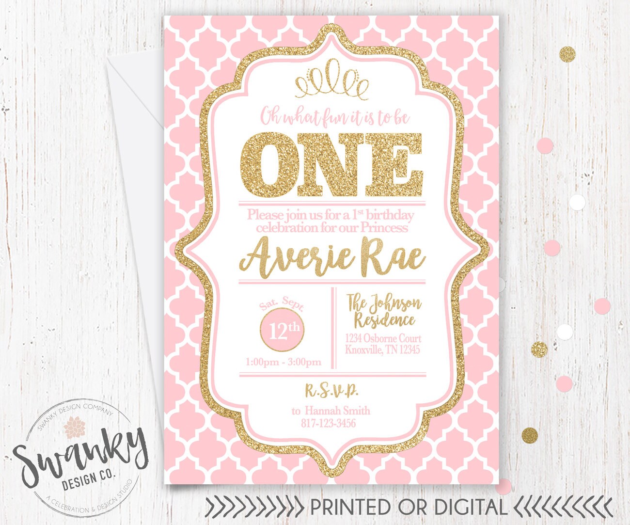 Girls First Birthday Invitation Gold Glitter And Pink 1st Etsy