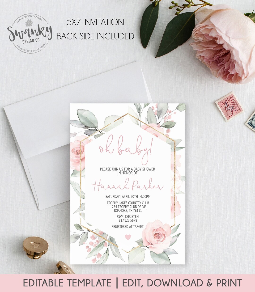 Pink Floral Oh Baby Invitation Editable Template, Girl Baby Shower ...