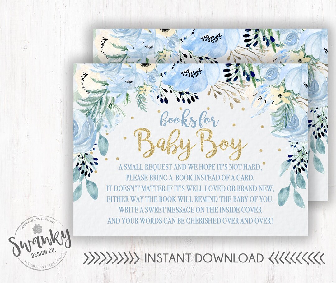 Baby Blue & Gold Books for Baby, Floral Book Insert, Gold Glitter and ...