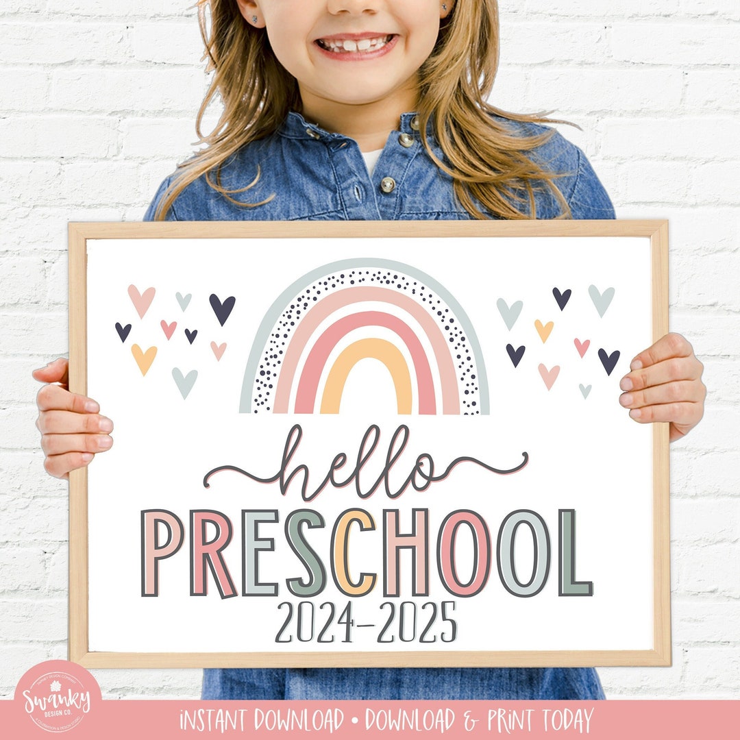 Boho Rainbow Hello Preschool Sign, First Day of Preschool, Printable ...