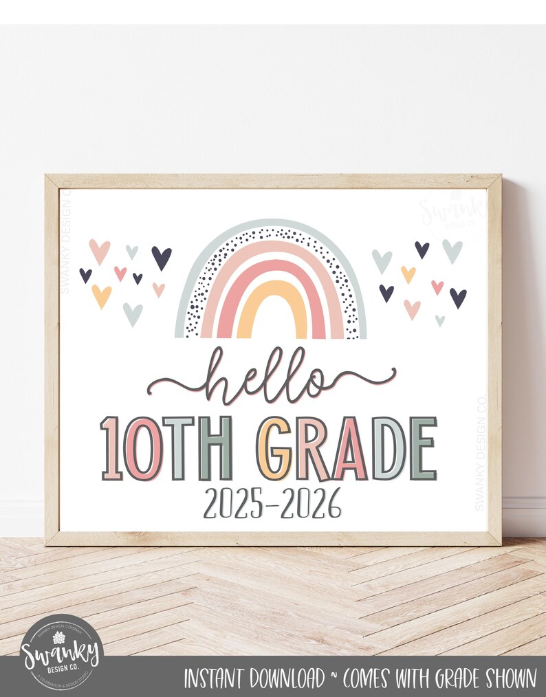 Boho Rainbow Hello 10th Grade Sign, First Day of Tenth Grade Girl Sign ...