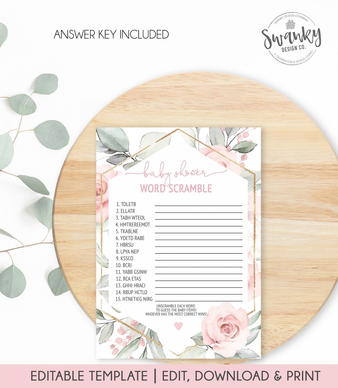 Editable Baby Shower Word Scramble Game, Blush Pink Floral Baby Shower ...