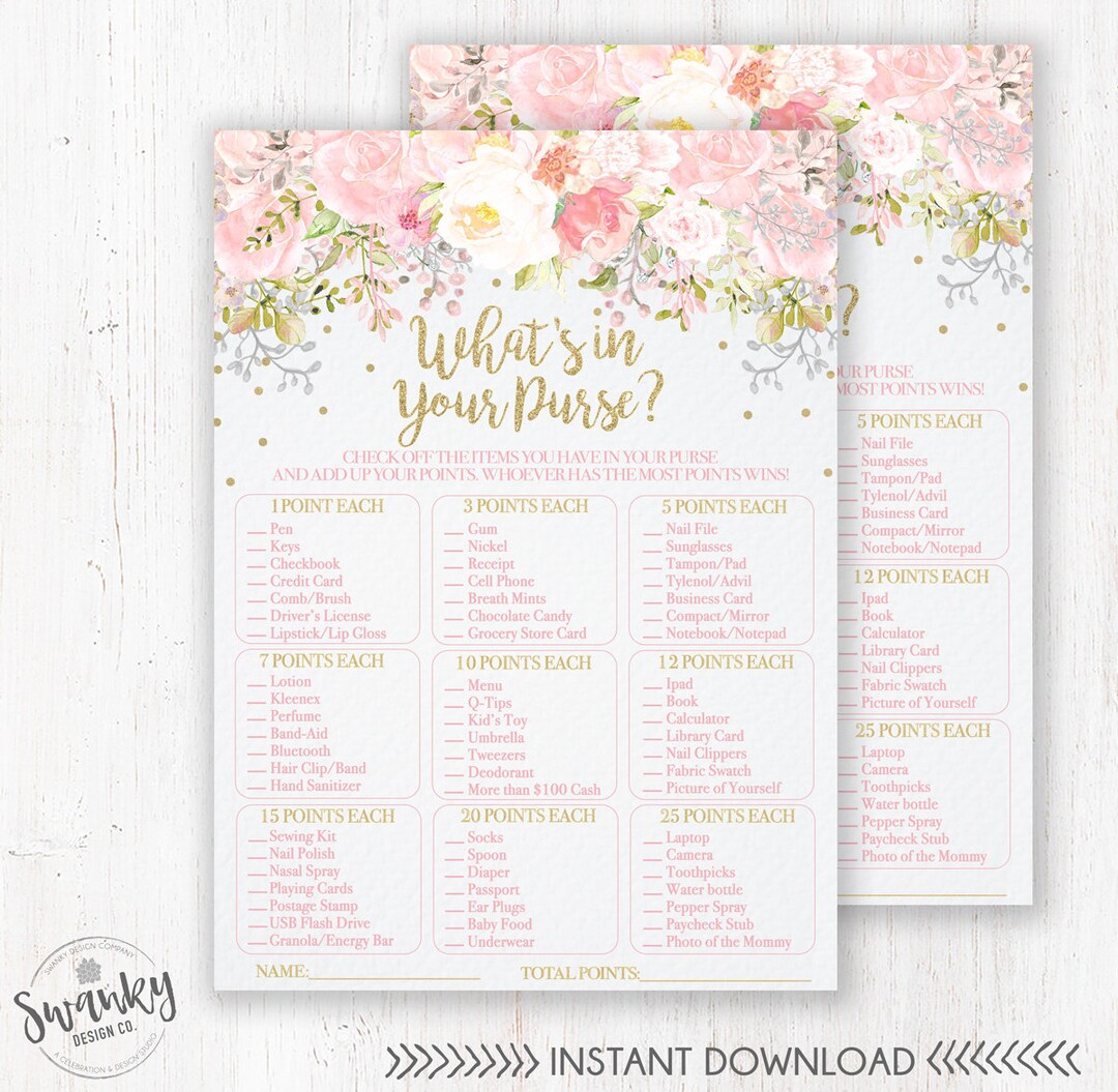 What's in Your Purse Baby Shower Game, Pink and Gold, Girl Baby Shower ...