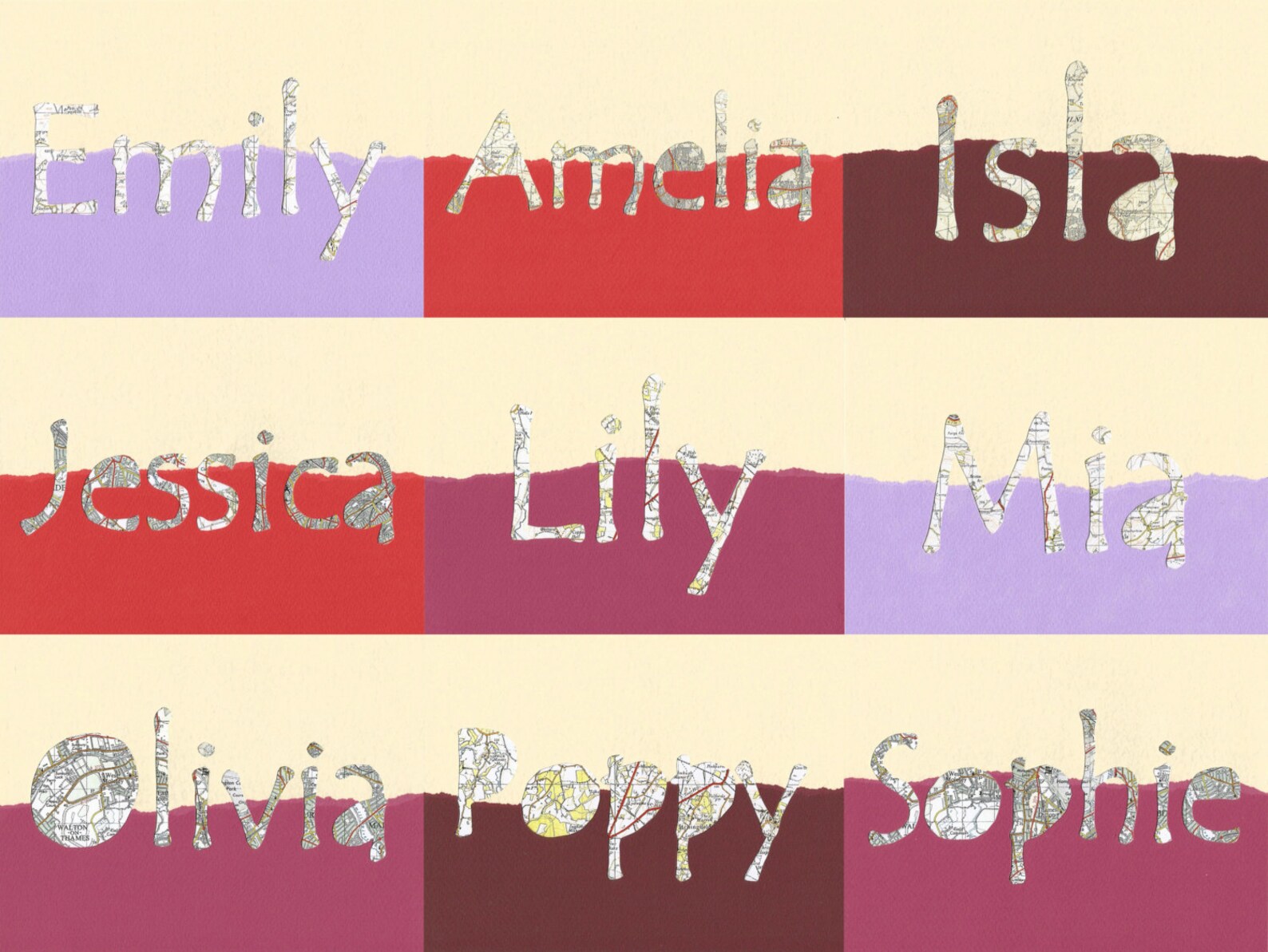 Hand-cut Names, With Bespoke Vintage Map Locations and Stamped Birthday ...