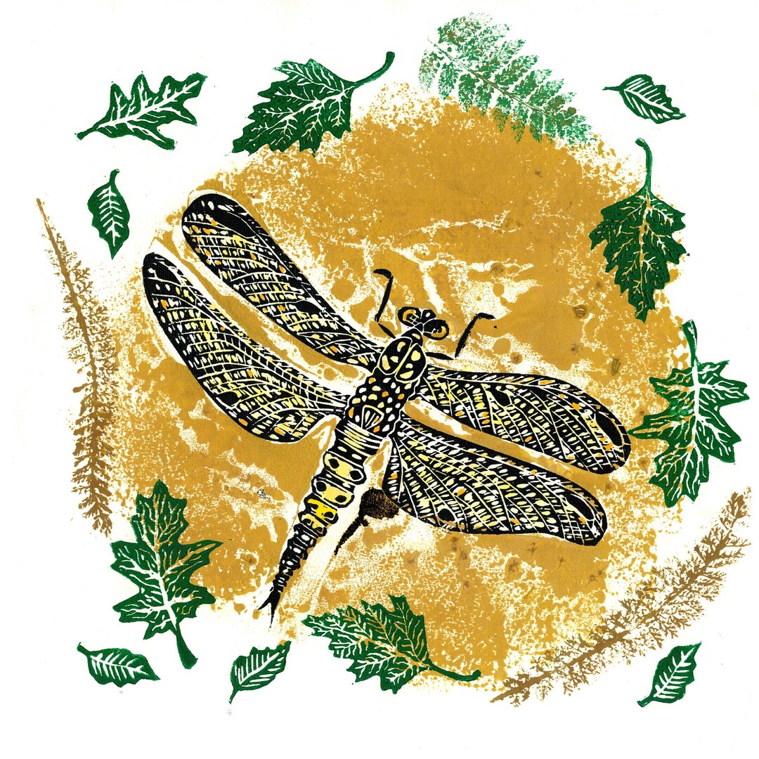 Linocut & Monoprint of a Dragonfly - Etsy