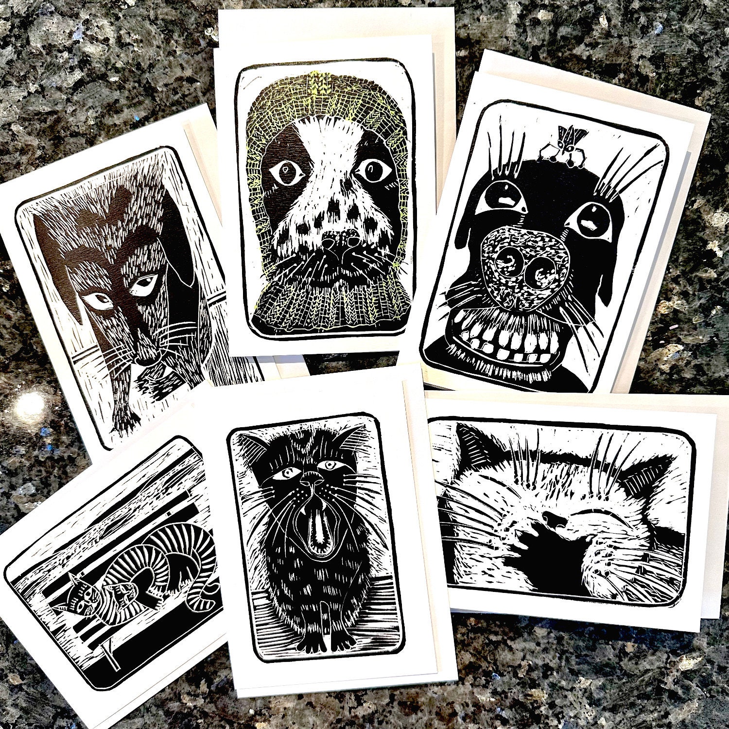 Six Cards Printed From Linocuts - Etsy