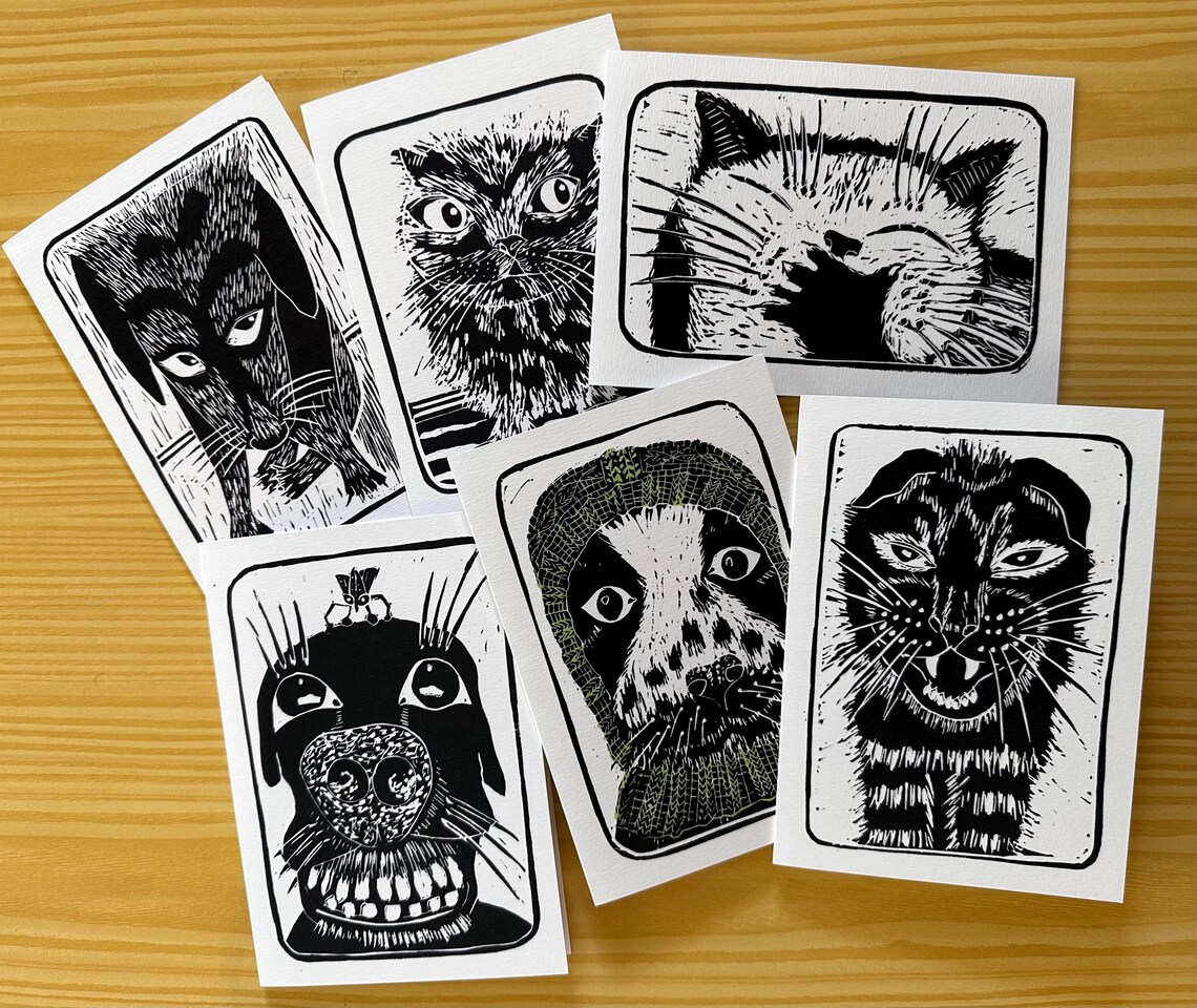 Six Cards Printed From Linocuts - Etsy