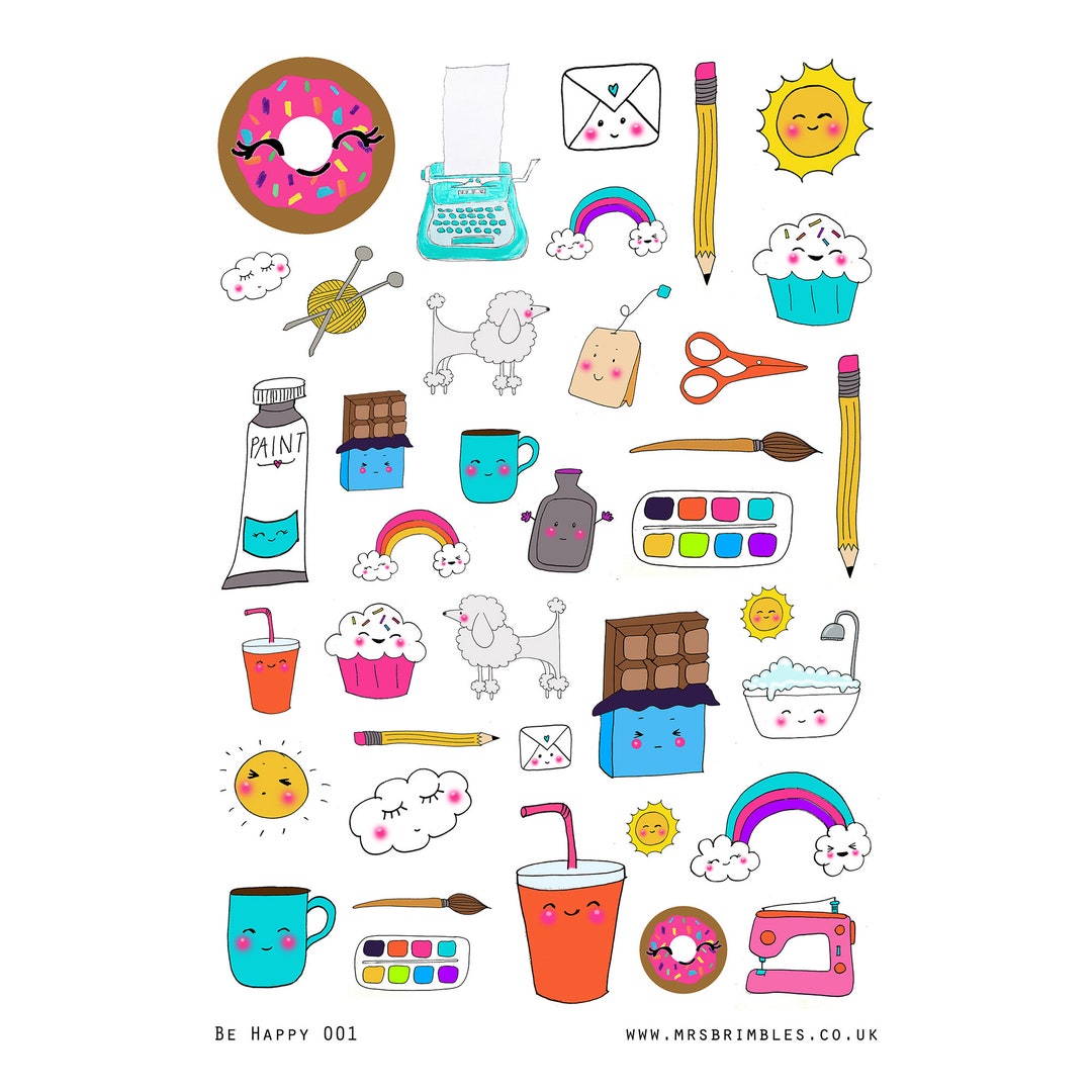 Be Happy Illustration Stickers 001 - Etsy