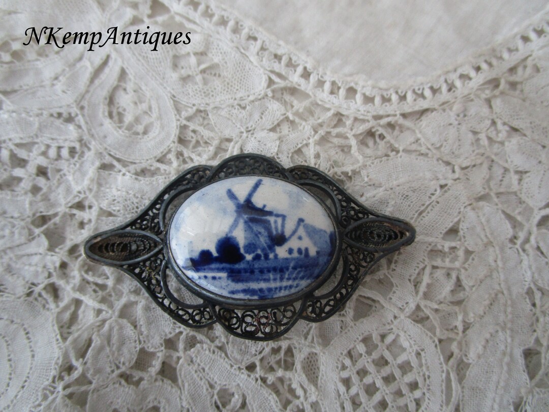 Antique Delft Brooch Real Silver - Etsy