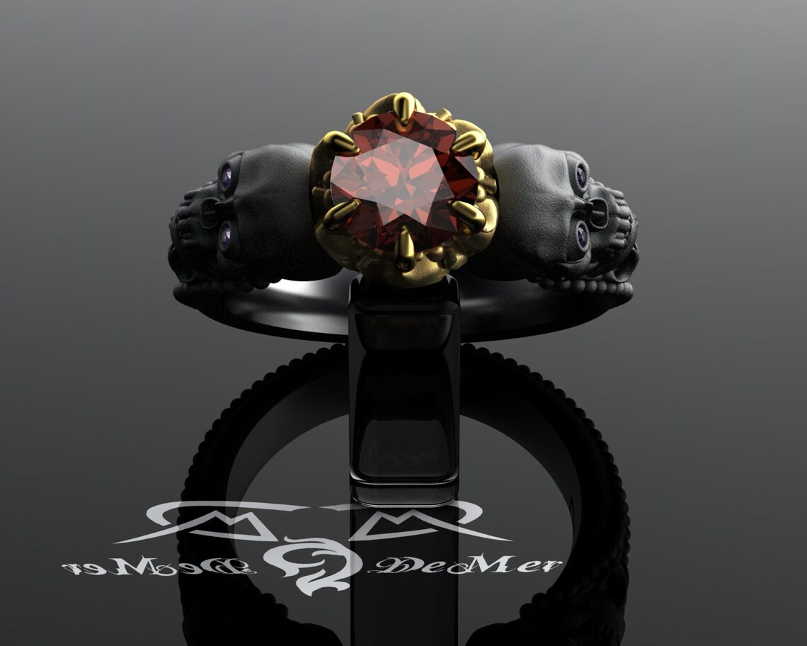 Skull Engagement Ring With Red Diamond in Solid Blackened 14kt - Etsy