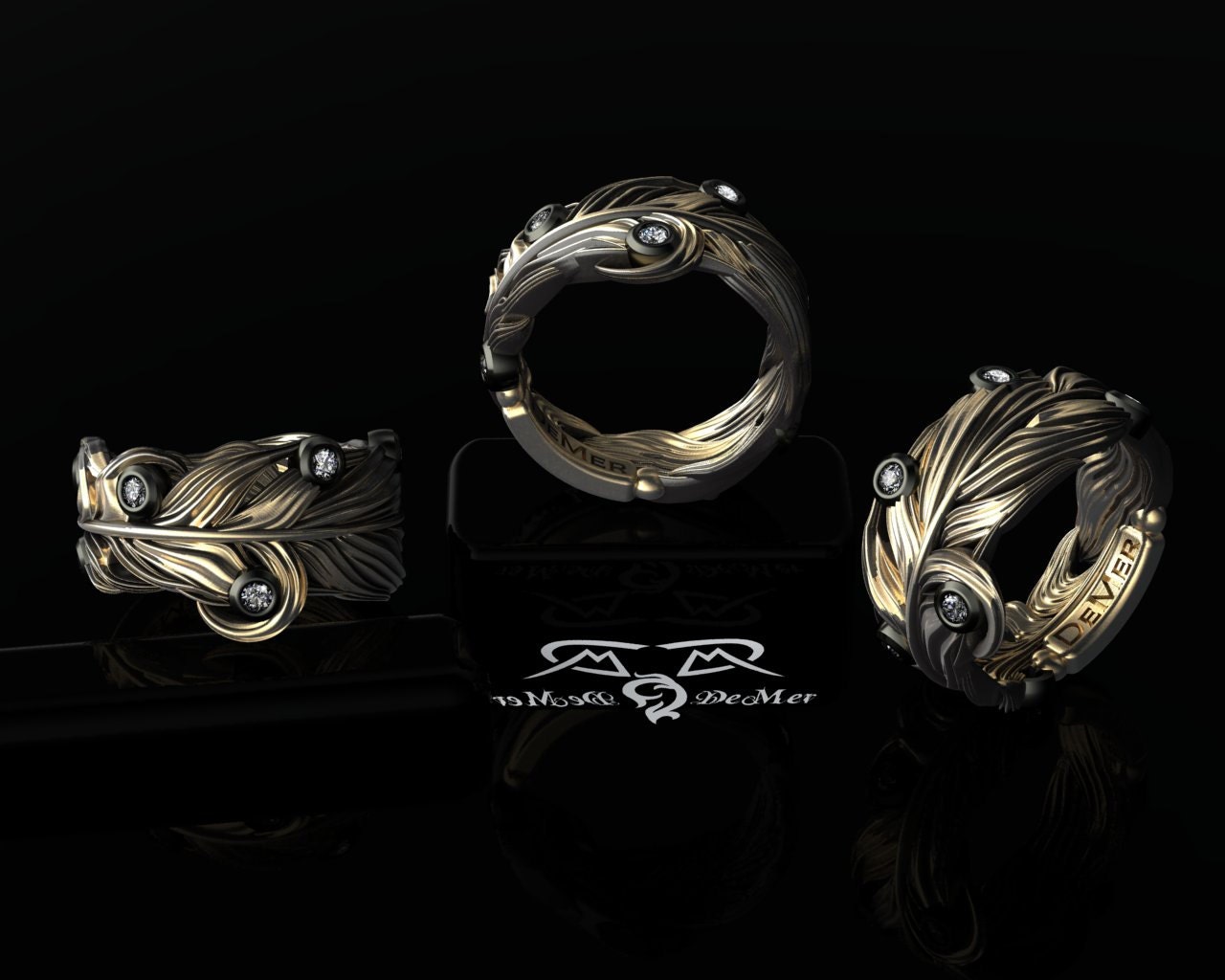 STUNNING Solid Gold & Diamond Feather Ring! Distressed Black and Gold ...
