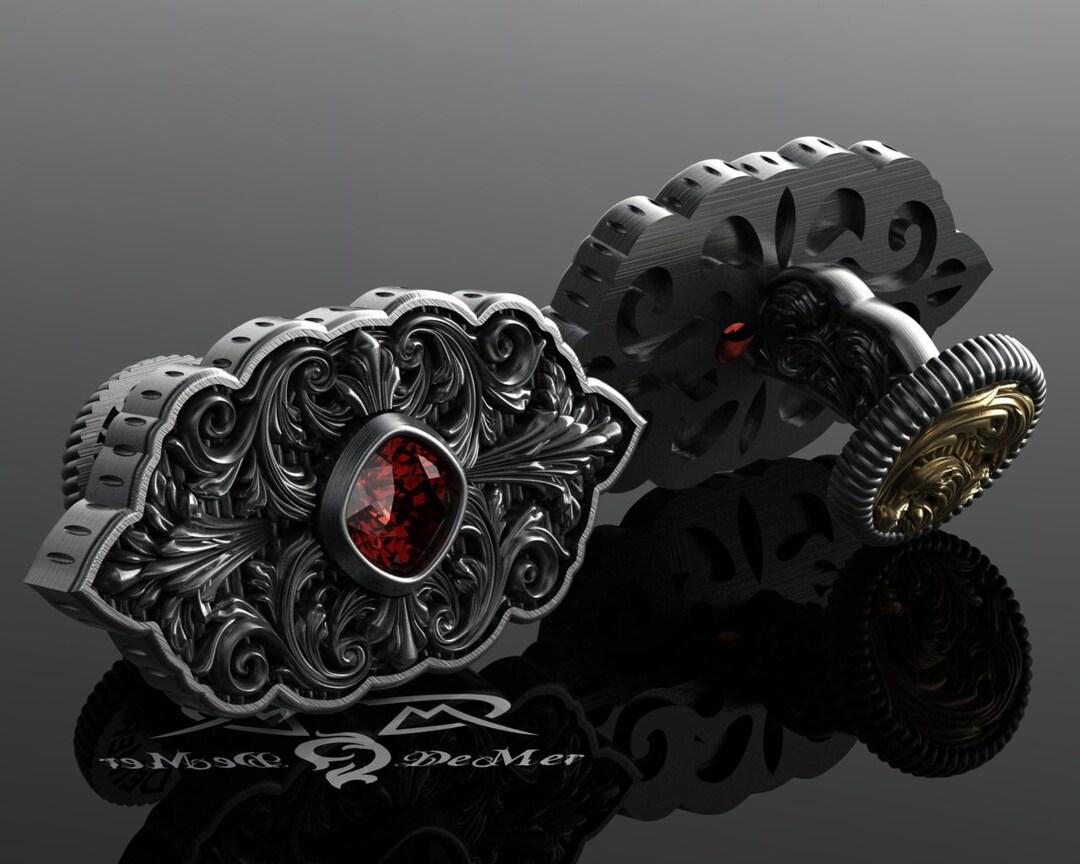 Engraved Cuff Links With Blood Red Garnet. 14kt European Gold and 925 ...