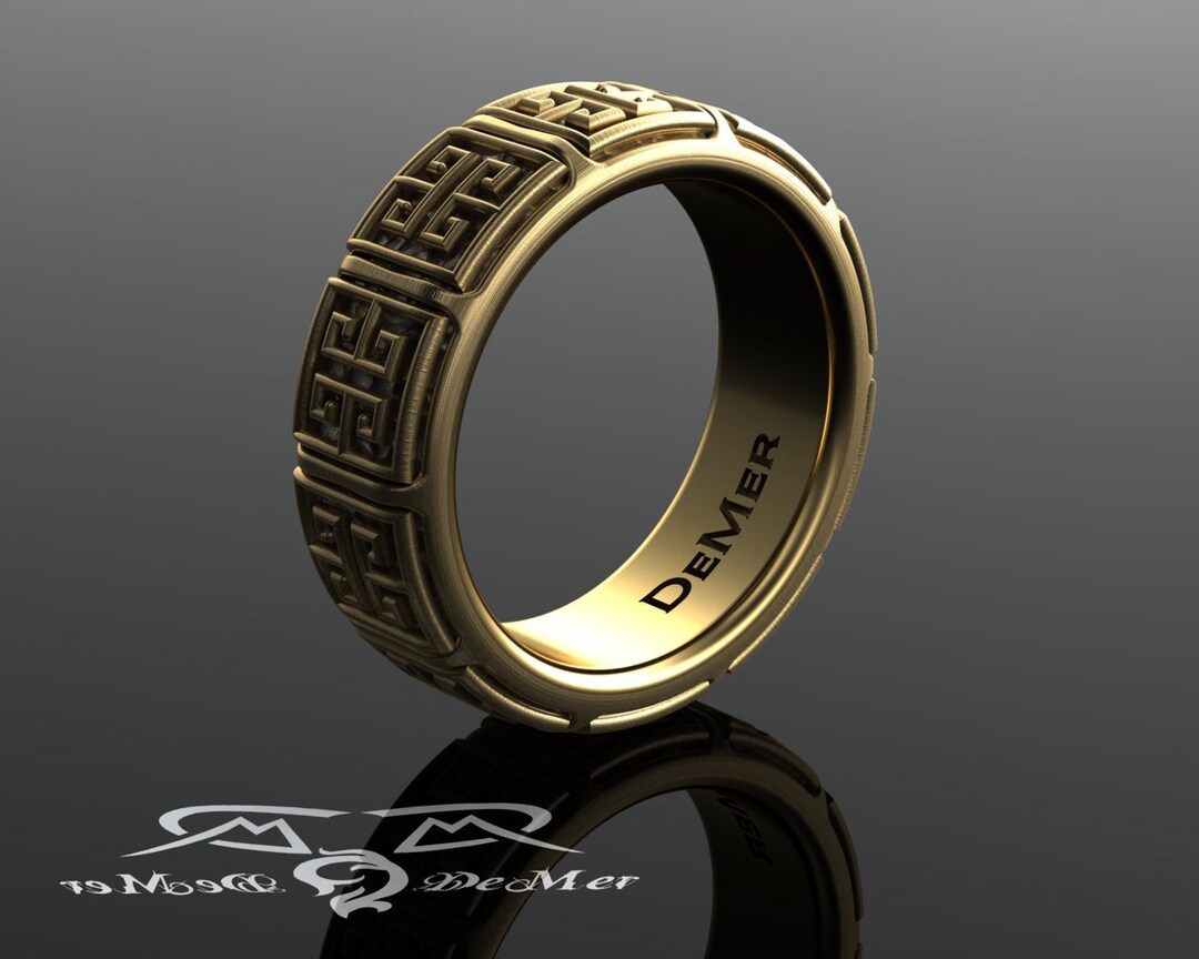 Greek Key Raised Medallion Heavy 14kt Comfort Fit Wide Wedding Band ...