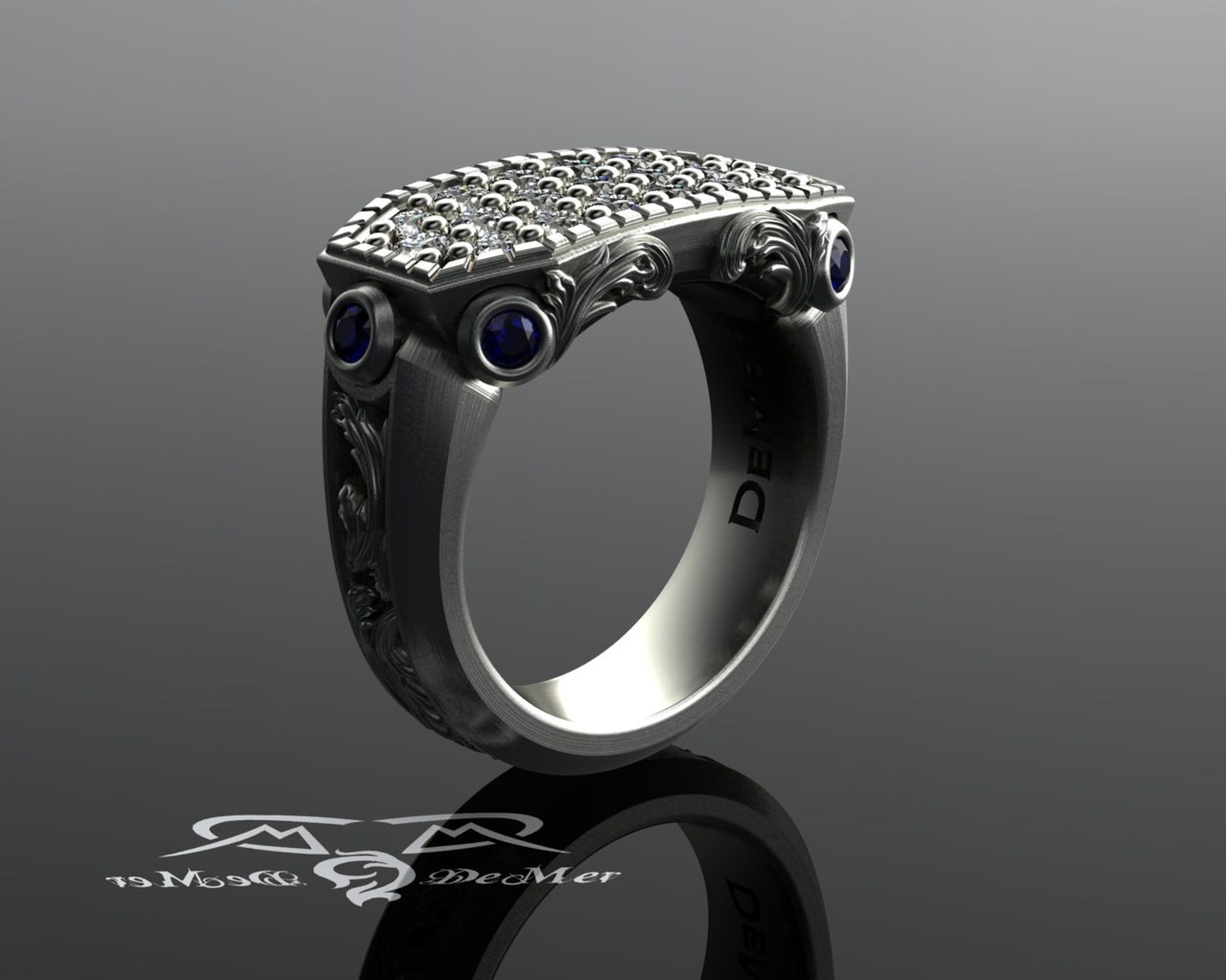 Mens Pave Diamond and Sapphire Ring. 2.25cttw Diamonds and Blue ...