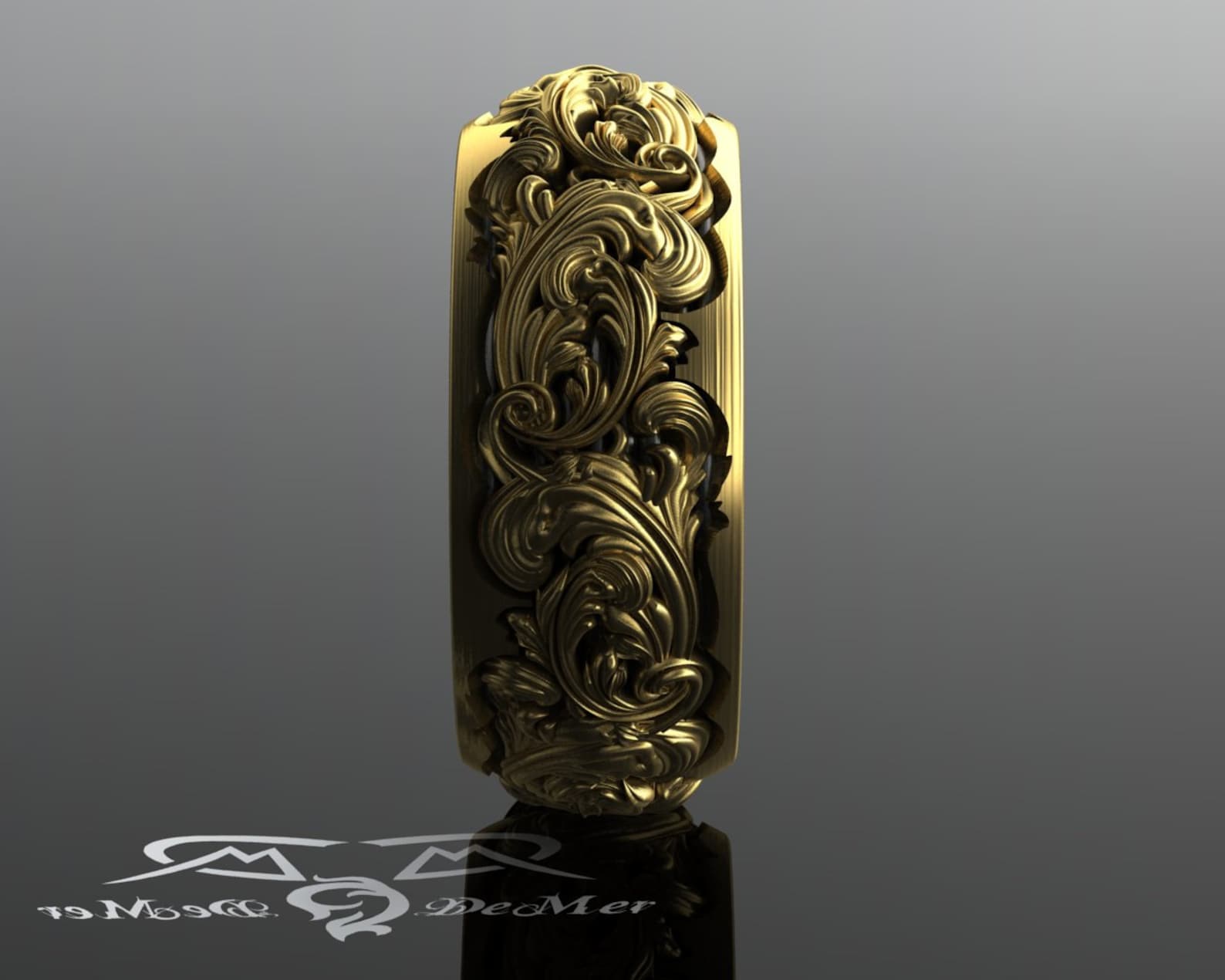 Heavy Sculpted Scroll Work 10mm Wide Engraved Wedding Band in Solid ...