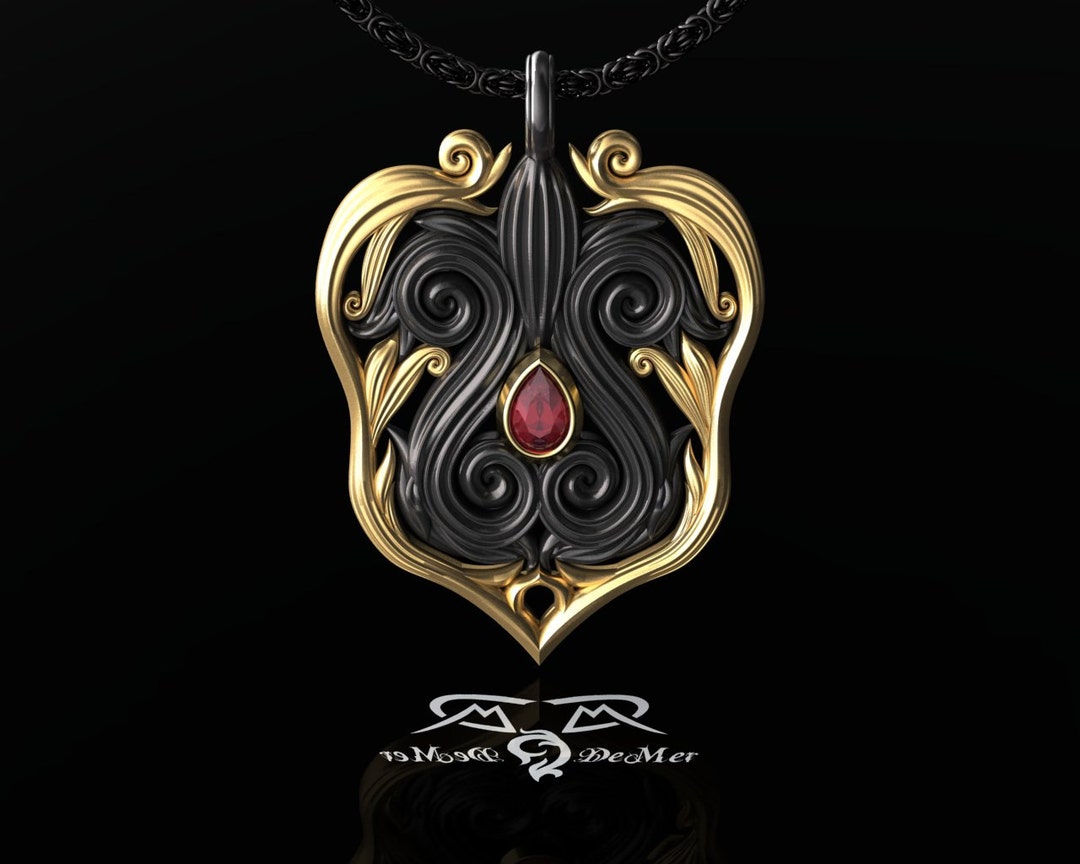 Devils Harp Gothic Mens Large Black & Gold Amulet Pendant With Marsala ...
