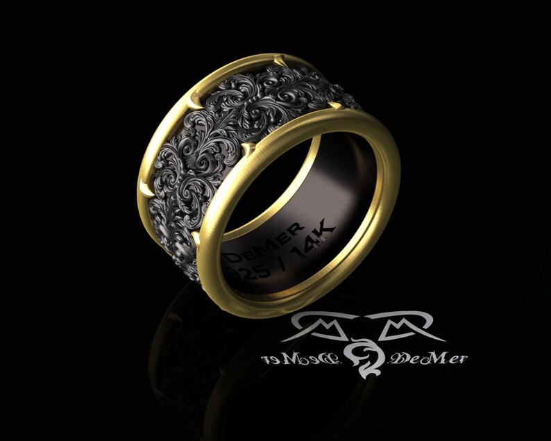 Ornate 14kt and Black Wide Mens Band Ring. Detailed Damask in - Etsy