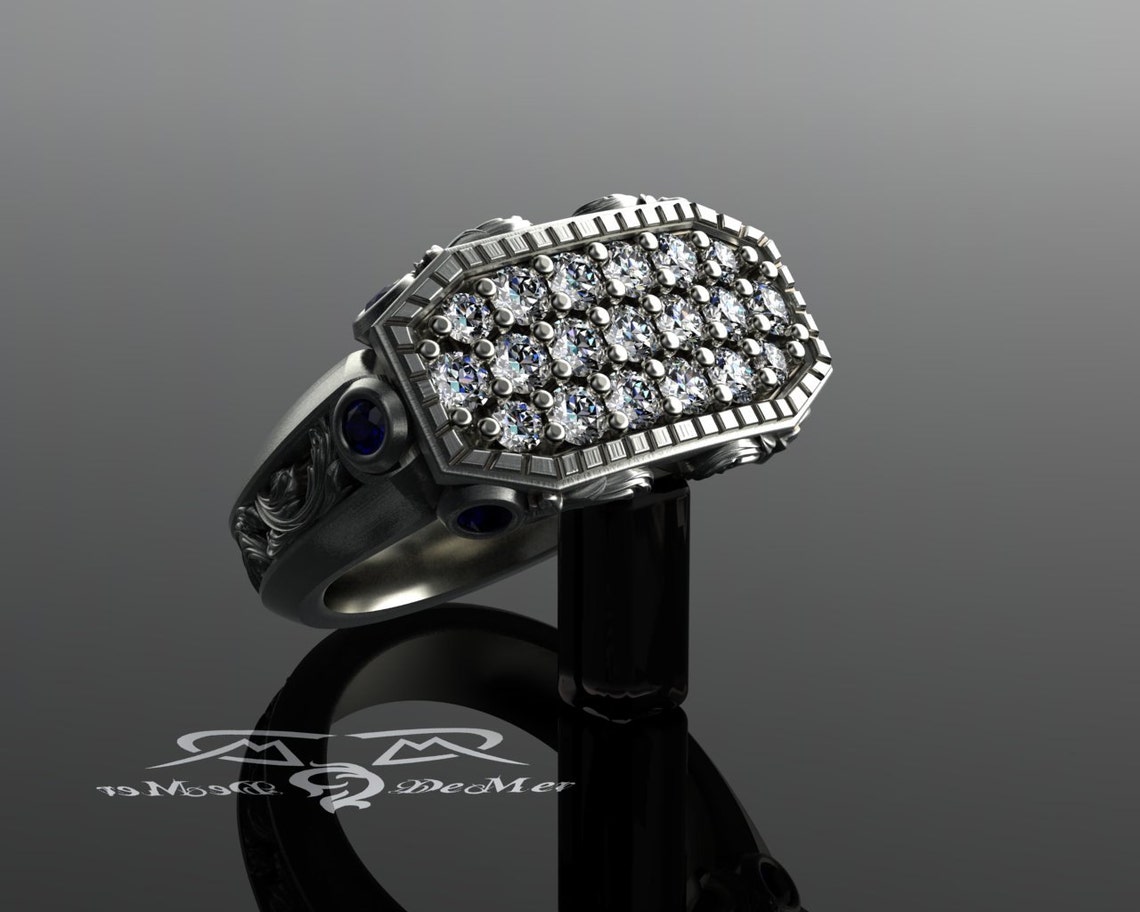 Mens Pave Diamond and Sapphire Ring. 2.25cttw Diamonds and Blue ...