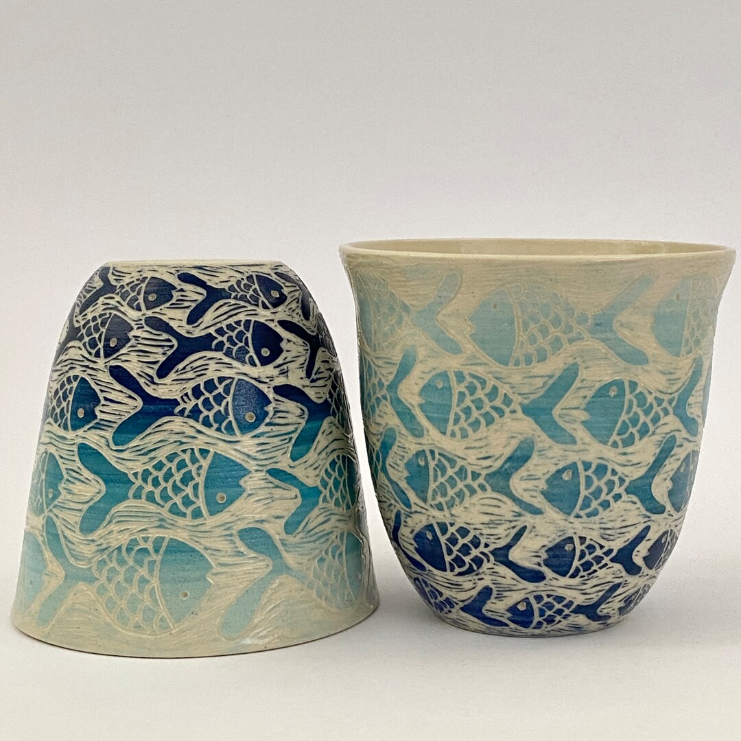 Set of 2 Cups With Sgraffito of Fish - Etsy