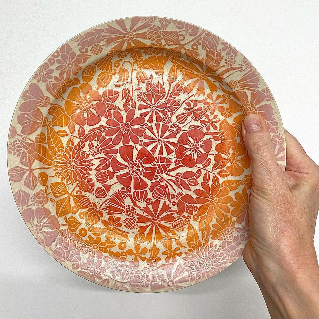 Plate With a Sgraffito of Flowers in Red/pink/orange - Etsy