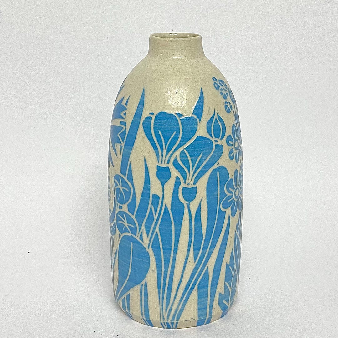 Vase With Sgraffito of Flowers in Bright Blue - Etsy