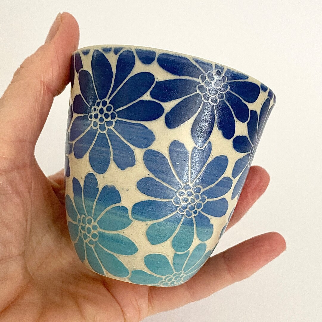 Cup With Sgraffito Flowers in Gradient - Etsy