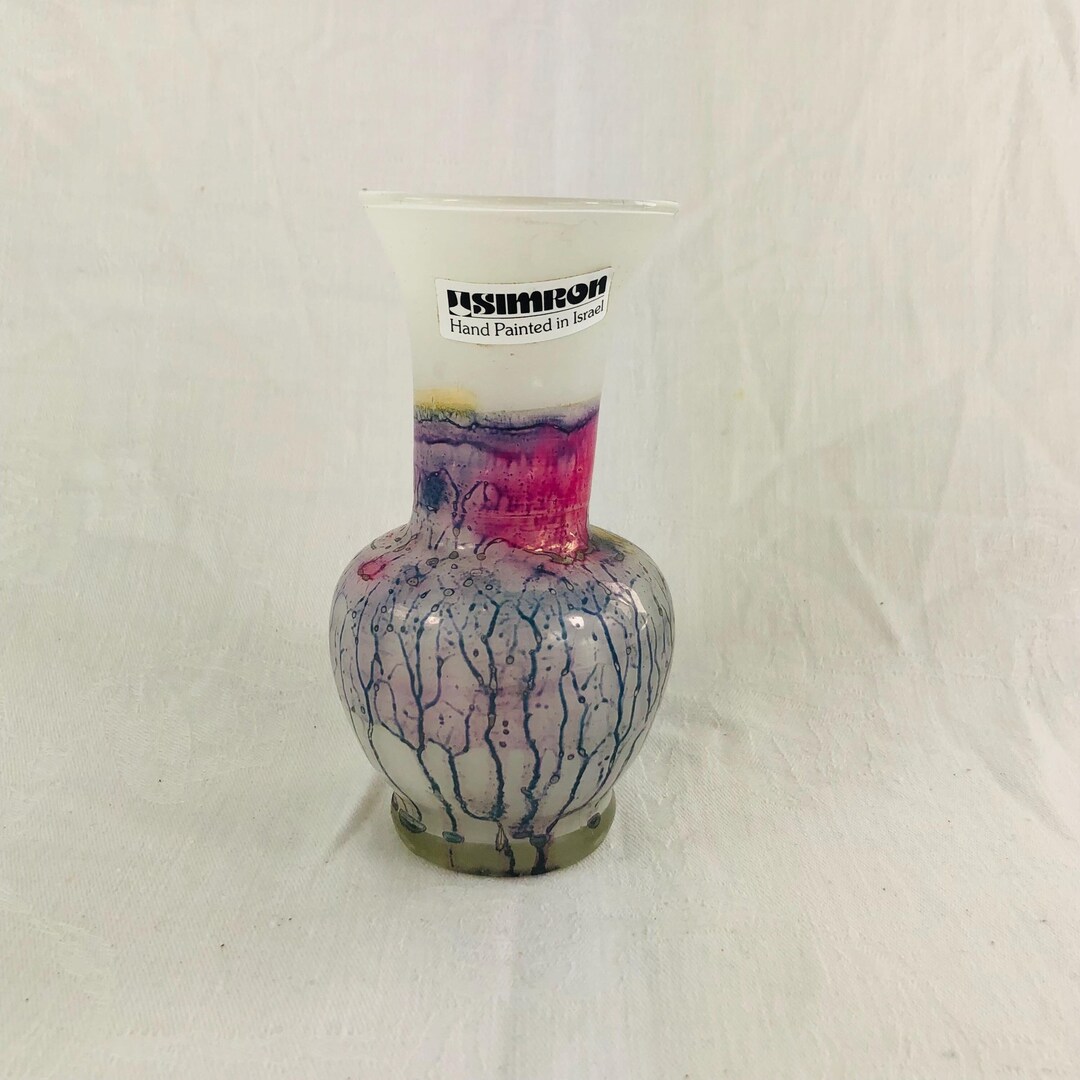 Vintage SIMRON Glass Vase Hand Painted in Israel 1970s Pink Blue Posy ...