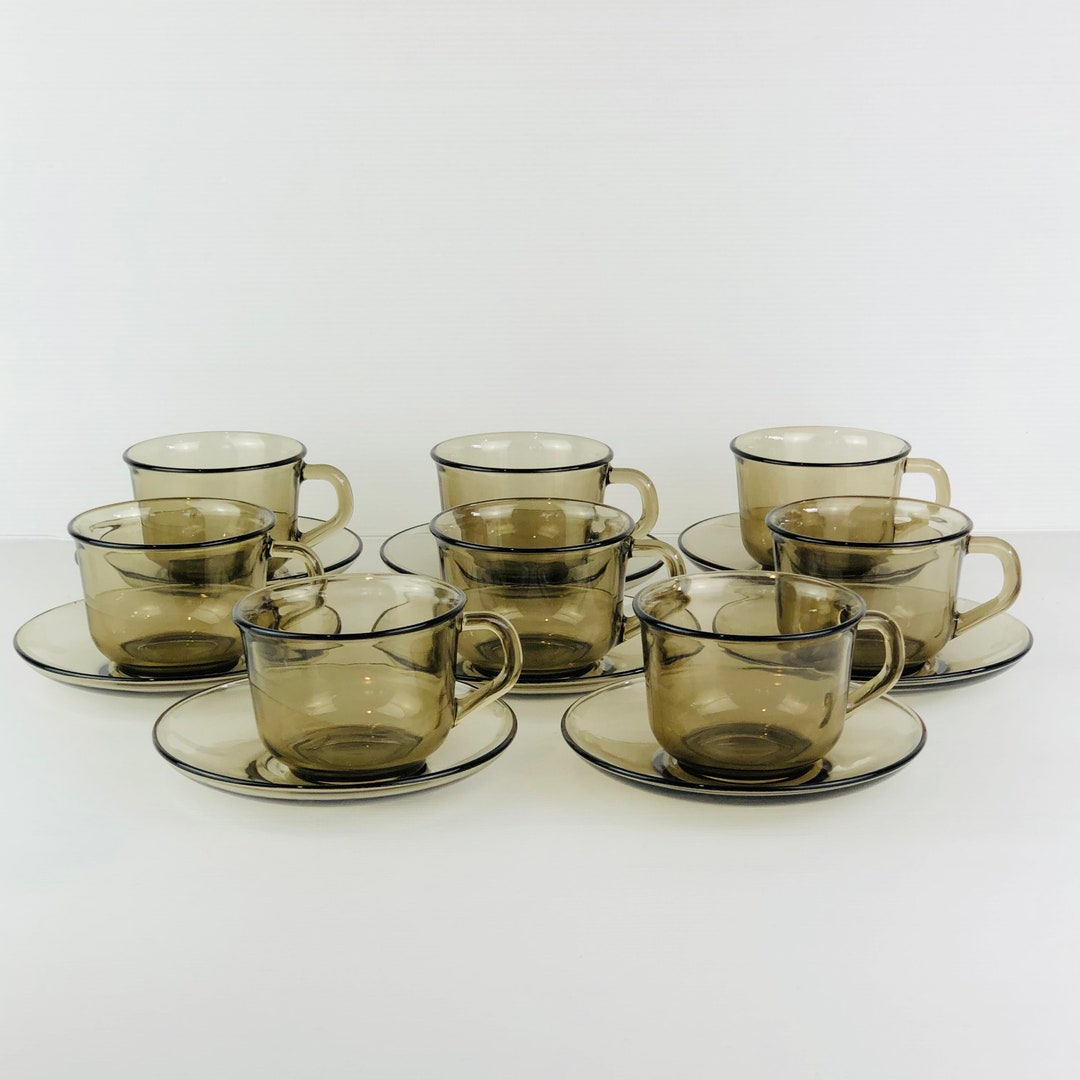 Vintage ARCOROC FUME Smoked Glass Cups and Saucers X 8 Retro Made in ...