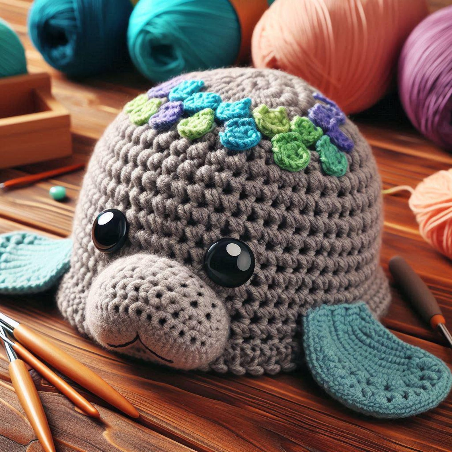 Crocheted Cute Manatee Knit Hat. Easy Crocheted Manatee Hat. Fun Easy ...