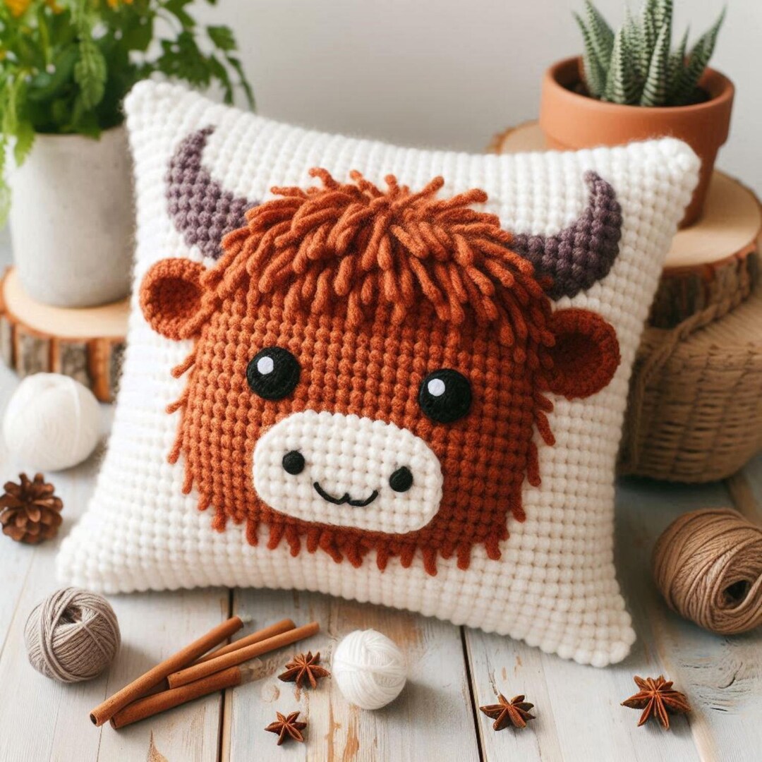 Crocheted Highland Cow Pillow Cover. Easy Crochet Highland Cow Pillow ...