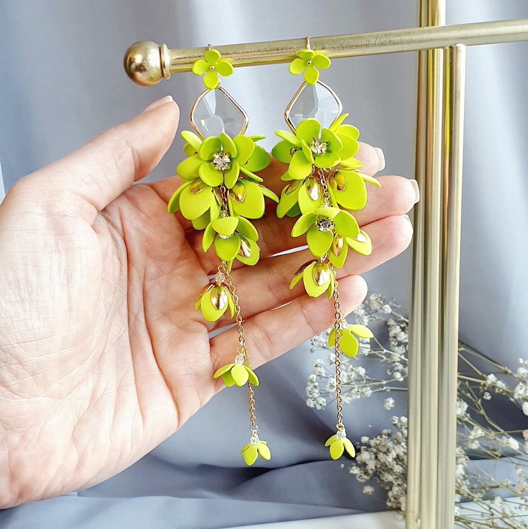 Long Lime Green Statement Earrings With Green Flowers, Floral, Dangle ...