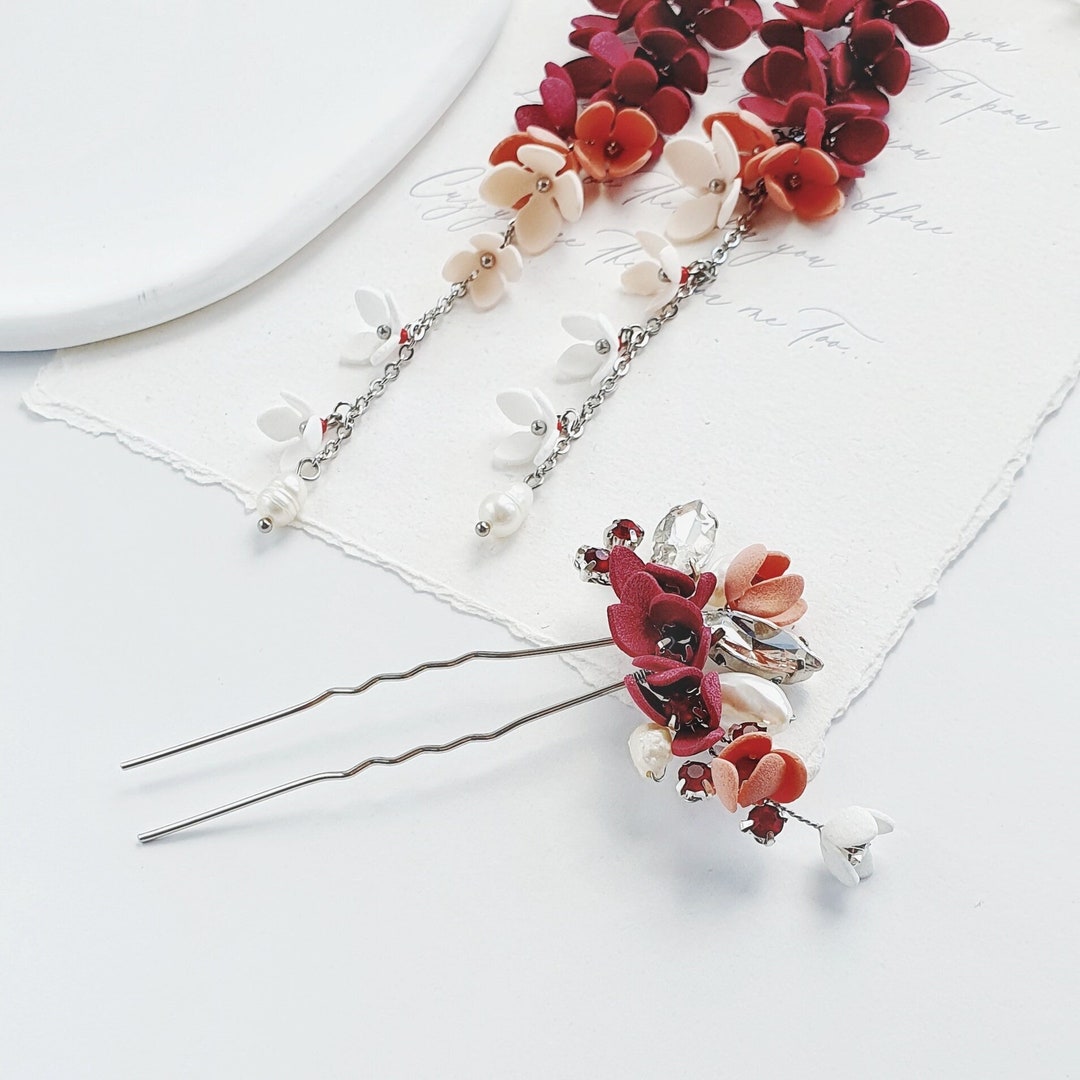Delicate Red Gradient Flower Bridal Hair Pin for Messy Bunns and Boho ...