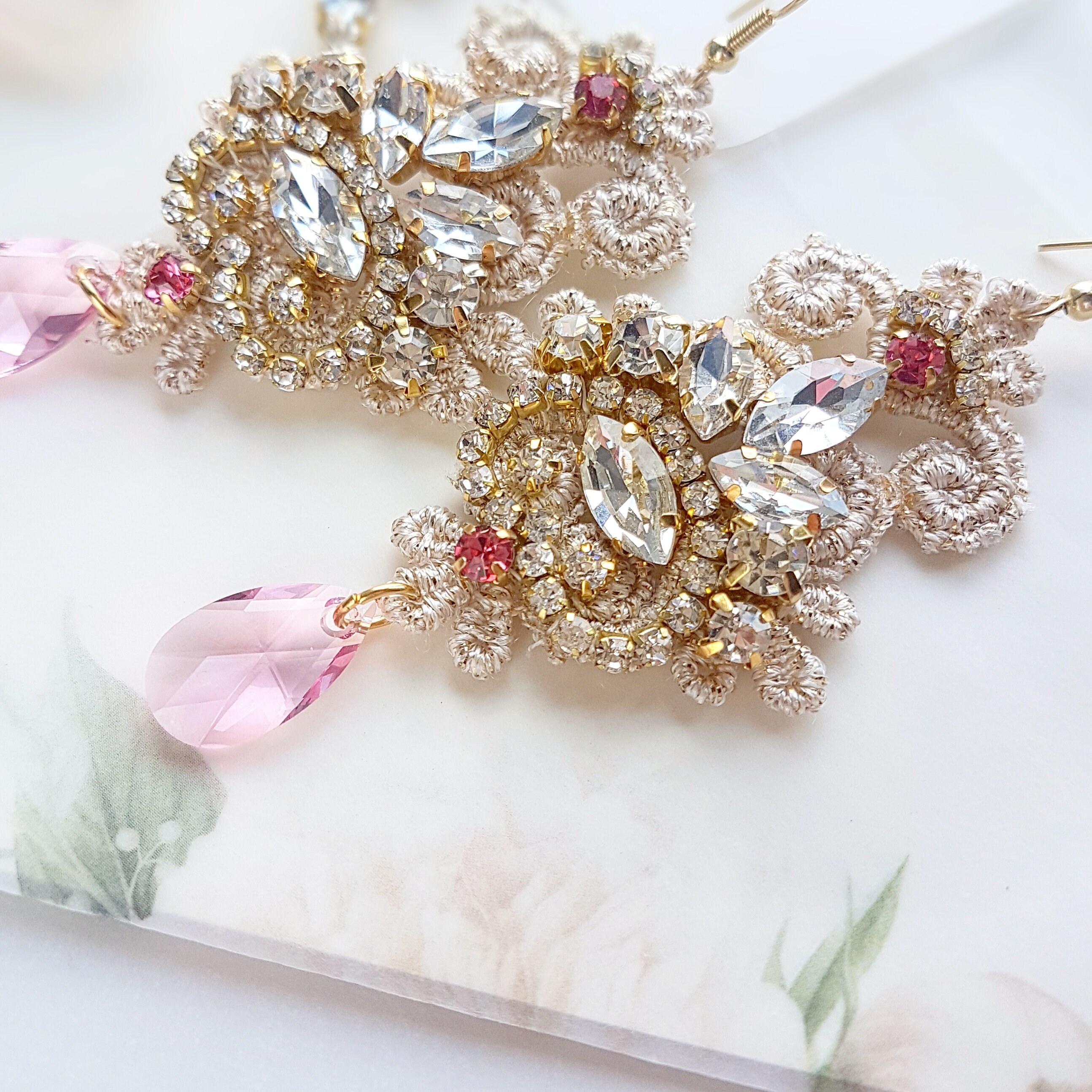 Boho gold and pink Bridal Wedding Earrings with rose crystals | Etsy