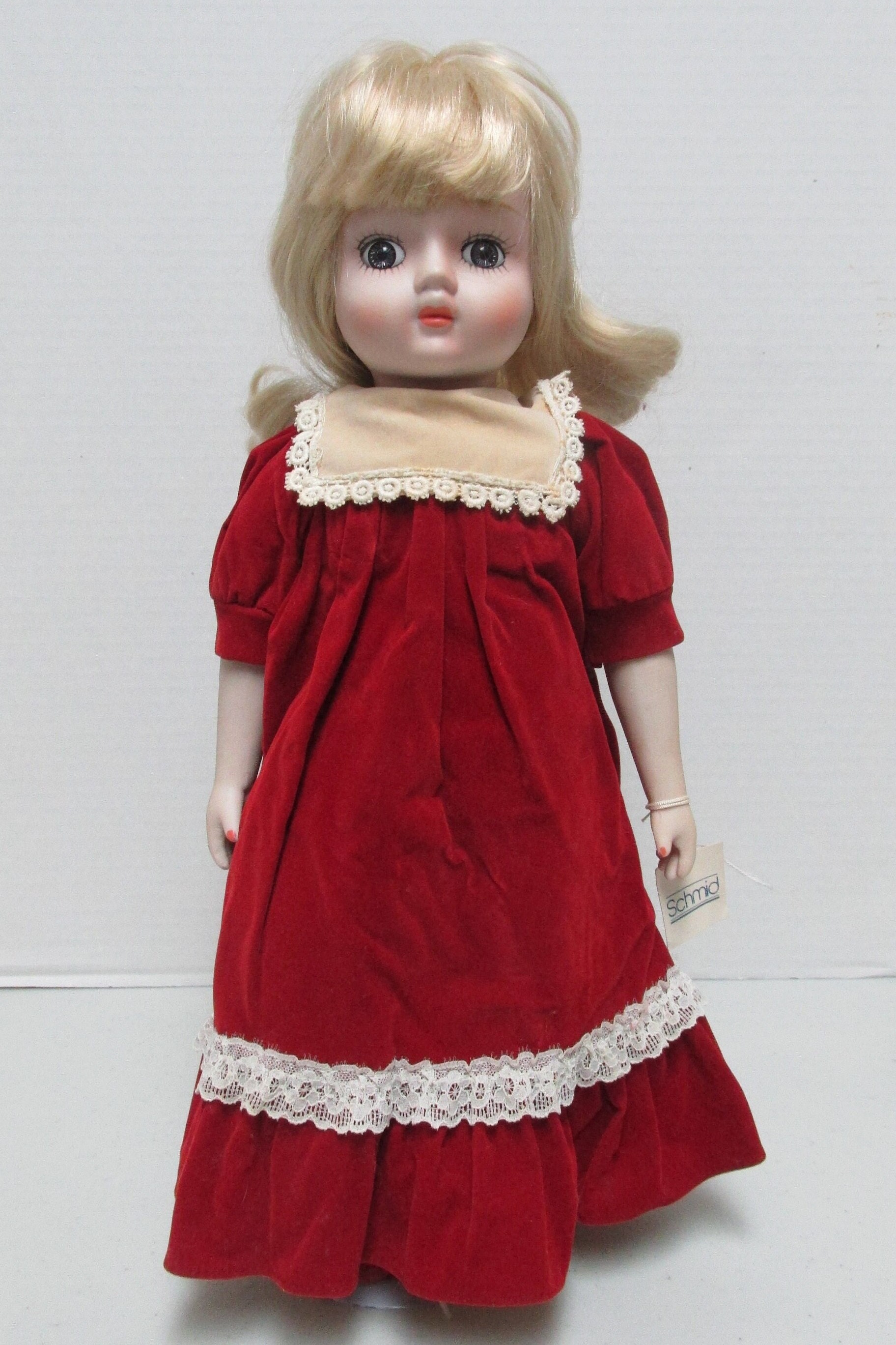16 Schmid Doll House Musical Porcelain Doll With Tag Blonde Hair Brown Eyes and Red Dress Etsy Canada