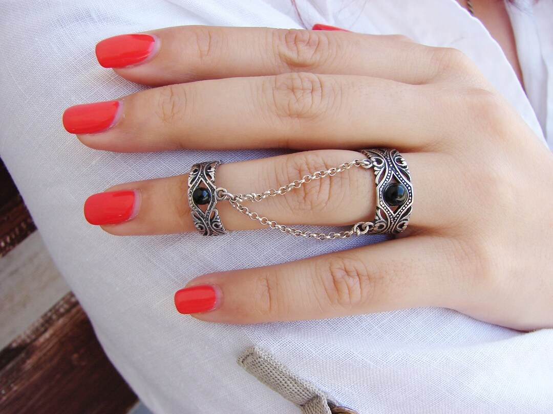 Ethnic Style Double Rings, Chains Linked, Silver Adjustable Multi ...