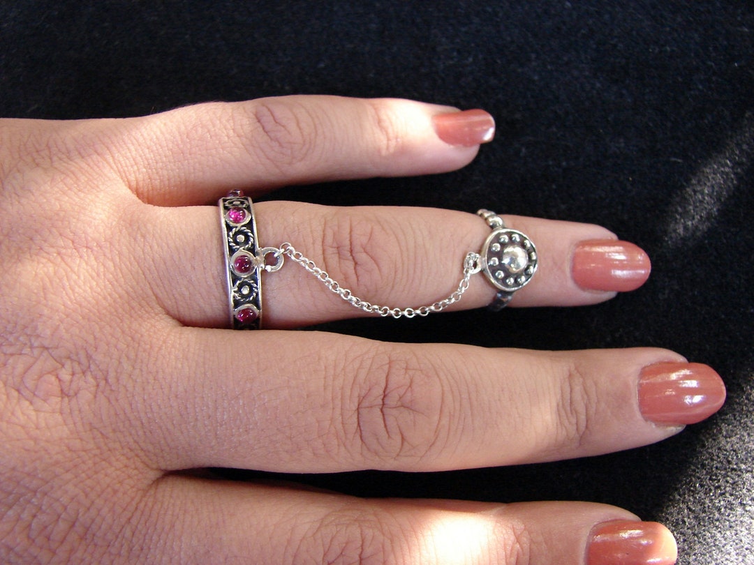 Double Chain Linked Rings 925 Sterling Silver, Adjustable Multi-finger ...