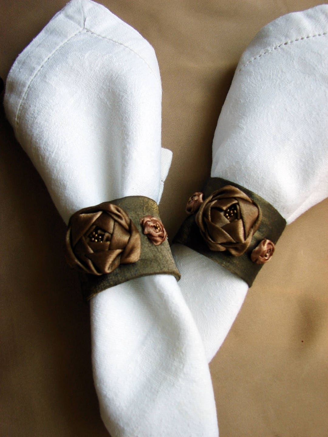 Handmade Napkin Rings Set of 6 in Brown Color With Silk Ribbon Flowers ...