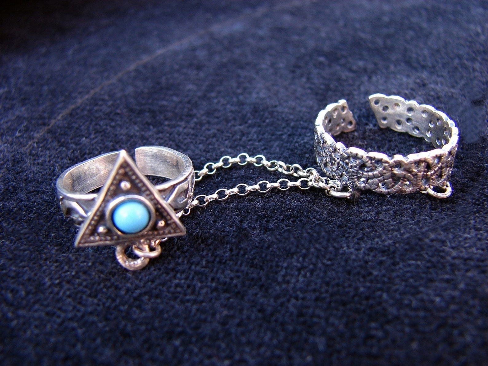 Silver Double Ring Triangle Chain Linked Adjustable - Etsy