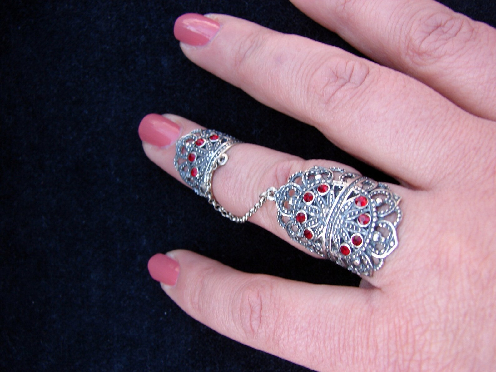 Double Ring Crown Chain Linked 925 Sterling Silver Antique Style ...