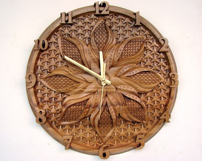 Wall Wooden Clock Flower Hand Carved Round Clock Wall Décor - Etsy