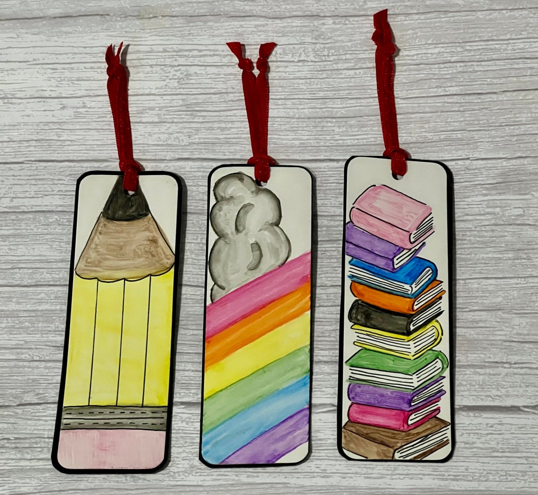 School Themed Watercolor Bookmarks, Hand Painted Bookmarks, Pencil ...