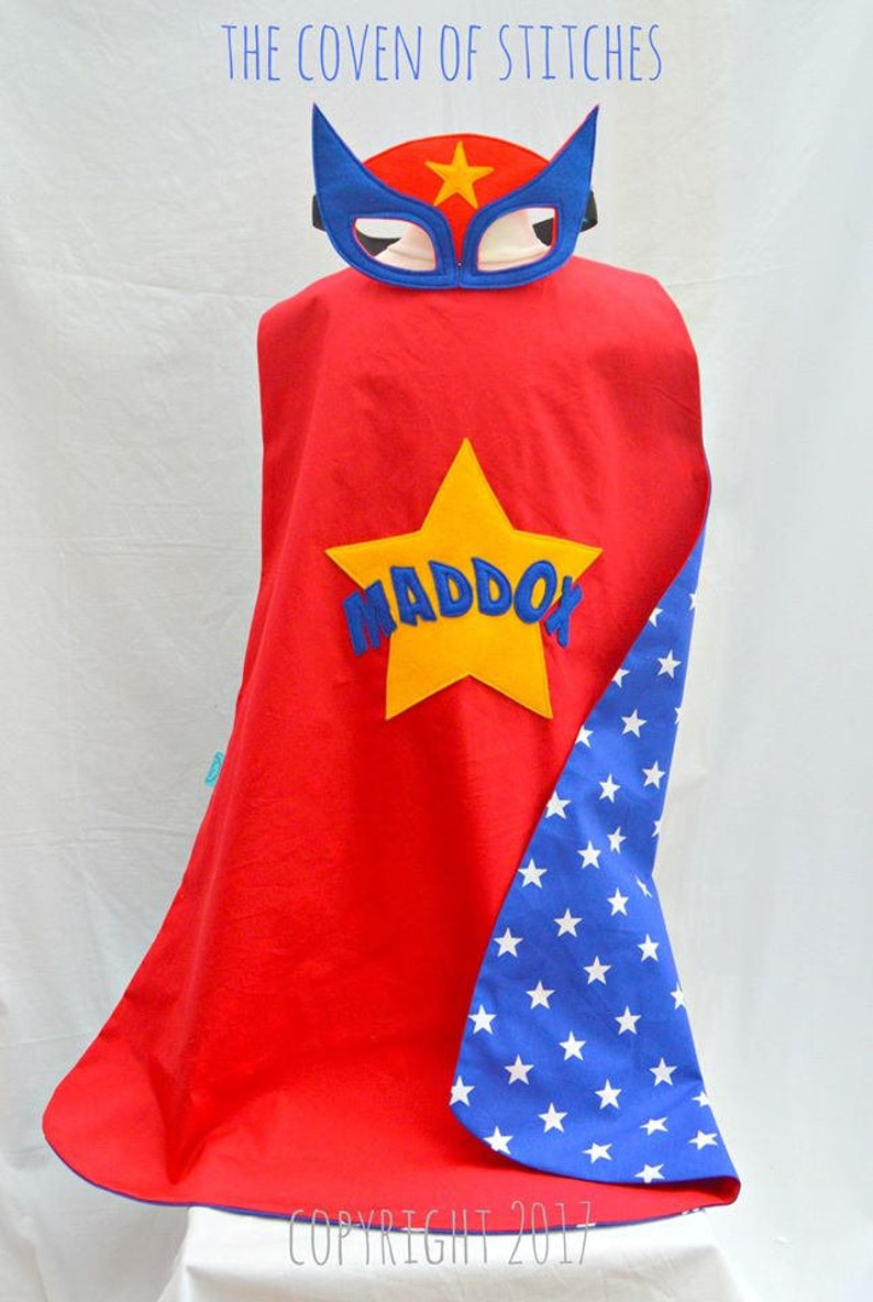 Personalised name superhero cape and mask set red and blue | Etsy