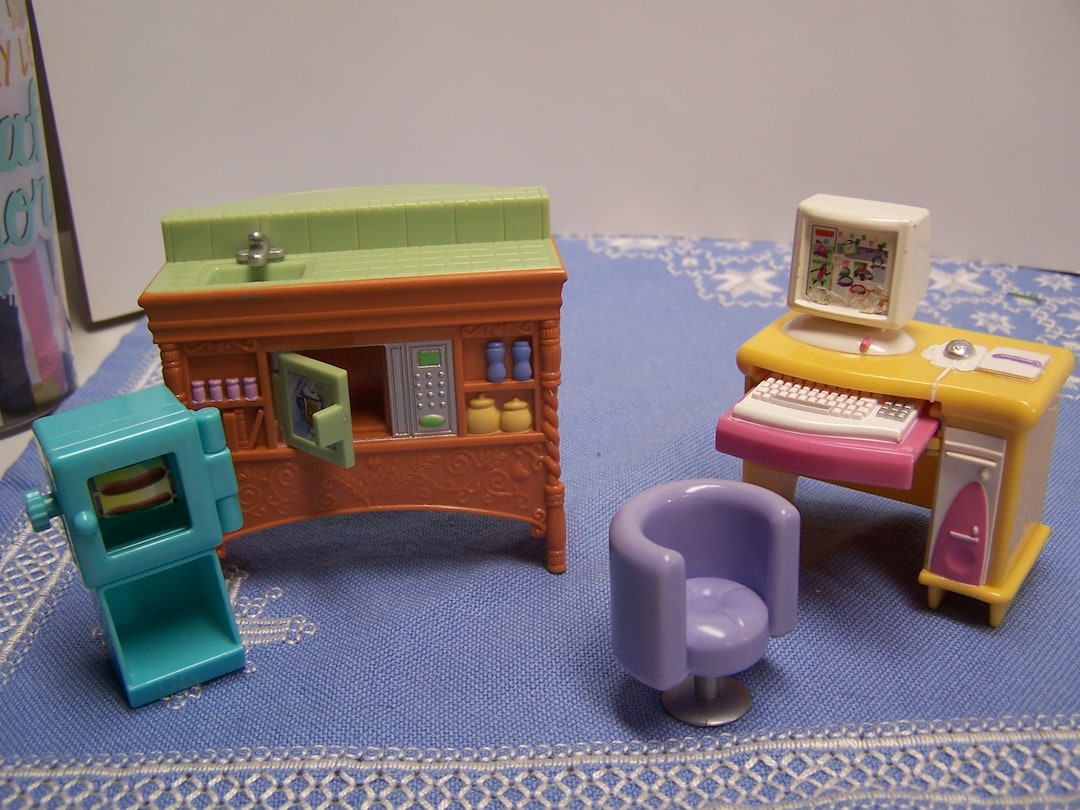 Early 2000s Mattel Dollhouse Furniture Computer Desk Chair Sink Cabinet ...