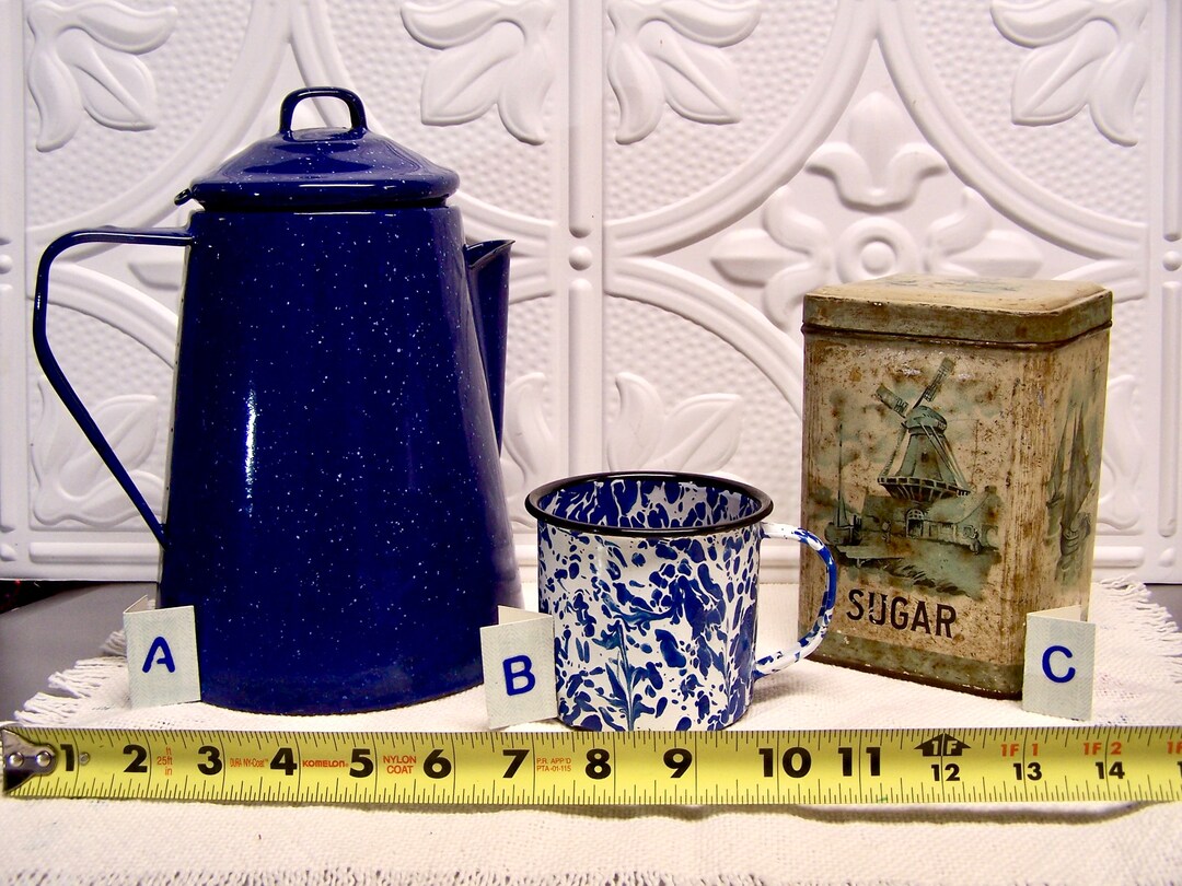 Enamel and Tin Kitchenware Blue Enamel Coffee Pot Enamel Cup and ...