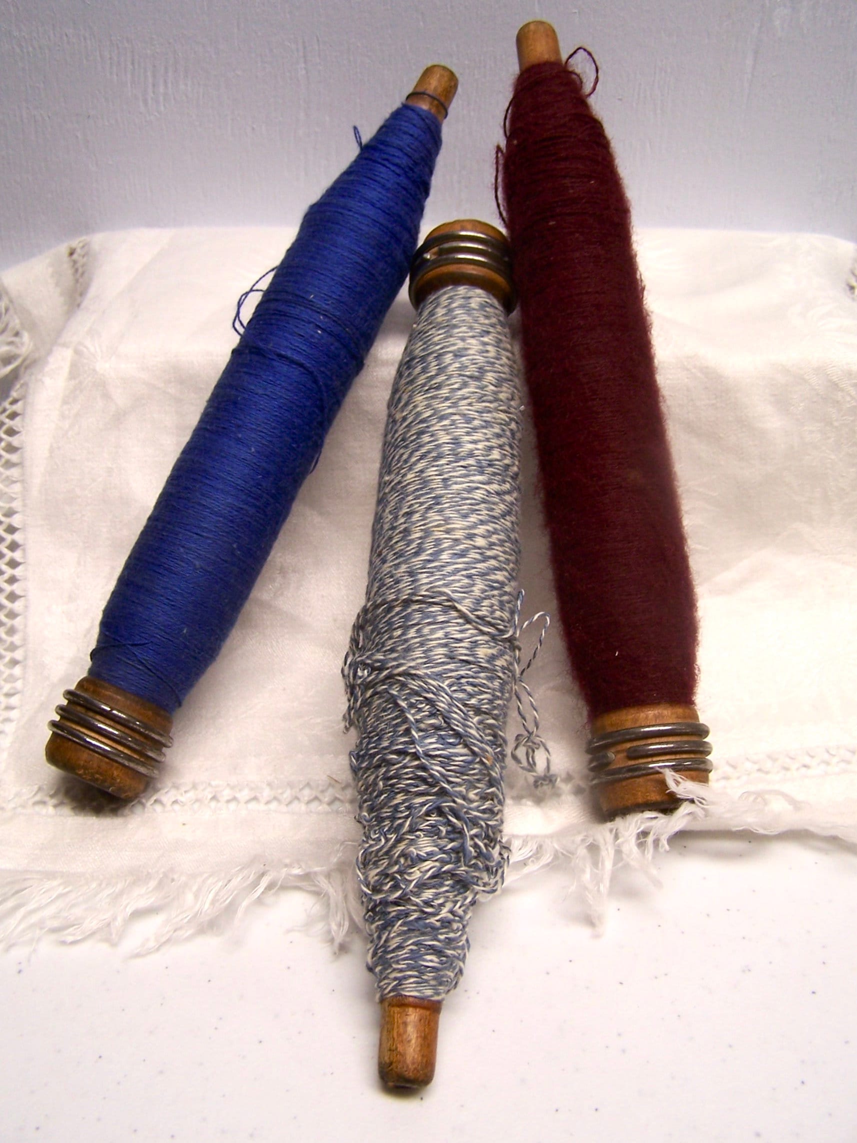 Antique Wood Spindles With Burgundy or Royal Blue Thread/thin Yarn on ...