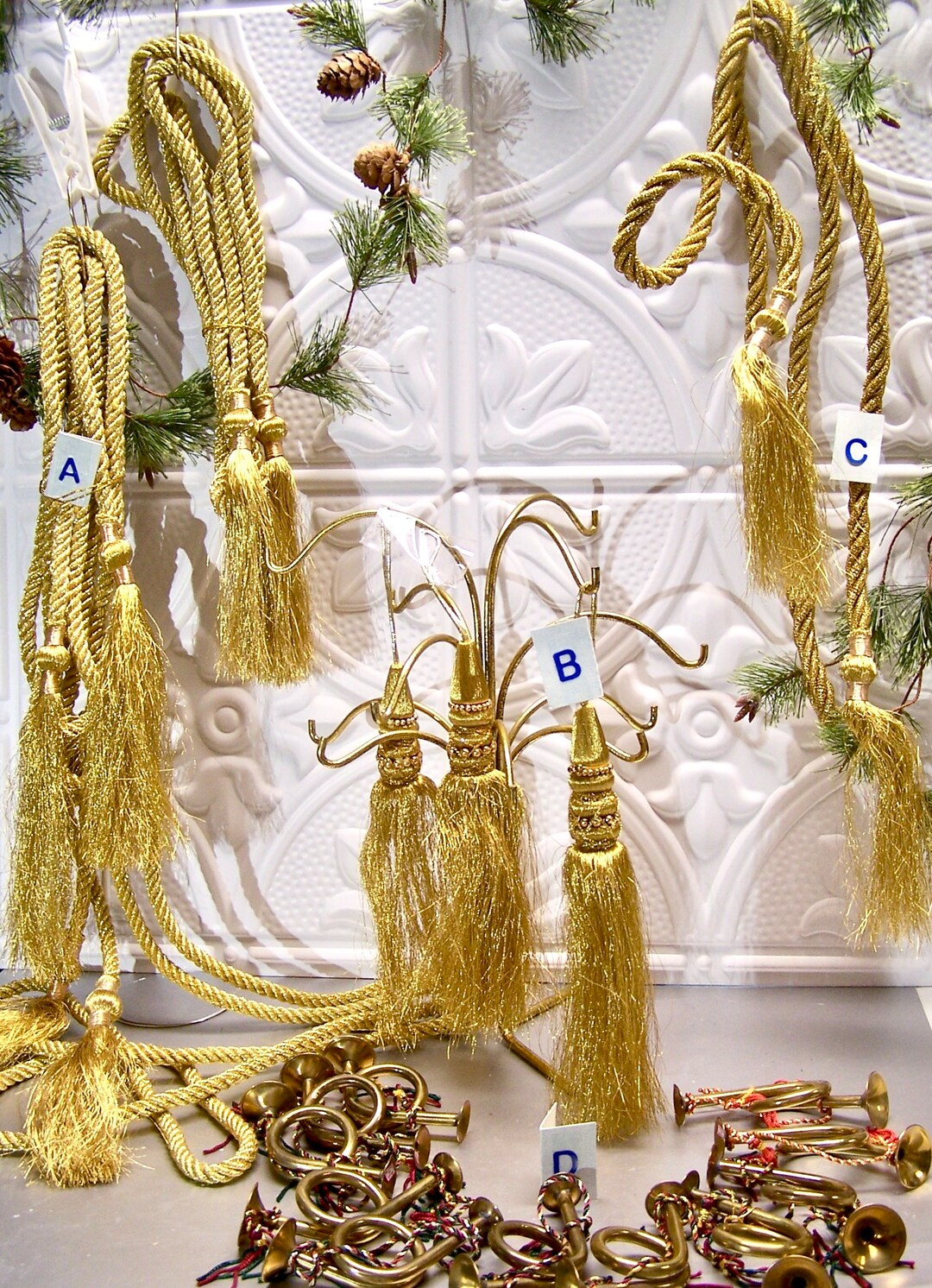 Old STOCK Two Types Gold Metallic Tassel Cords Tassels and Brass Horns ...