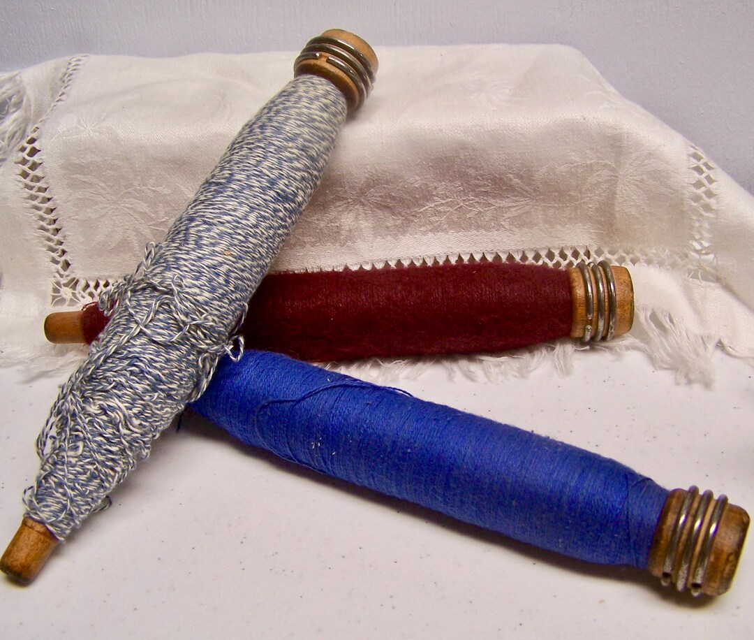 Antique Wood Spindles With Burgundy or Royal Blue Thread/thin Yarn on ...