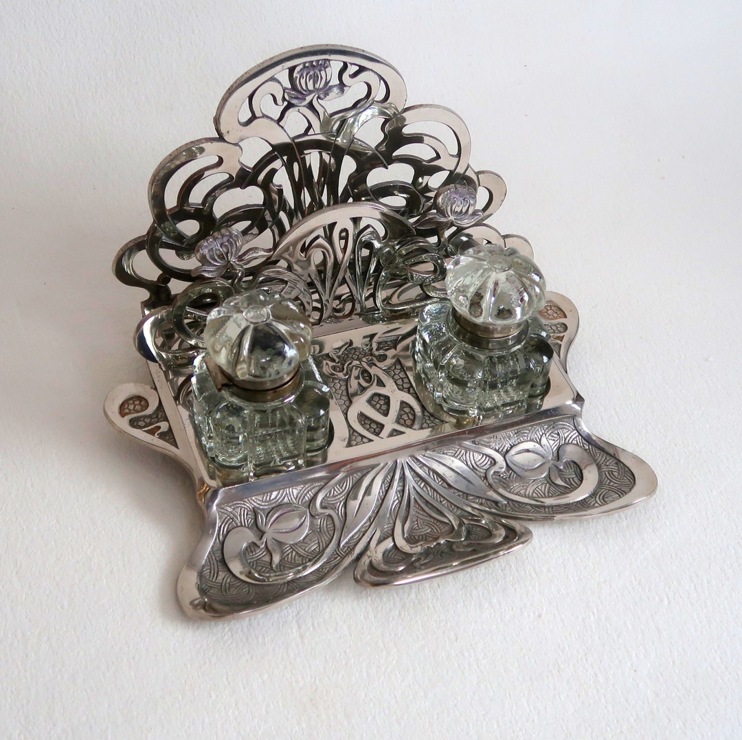 Art Nouveau Letter Stand With Double Ink Wells and Pen Tray, Highly ...
