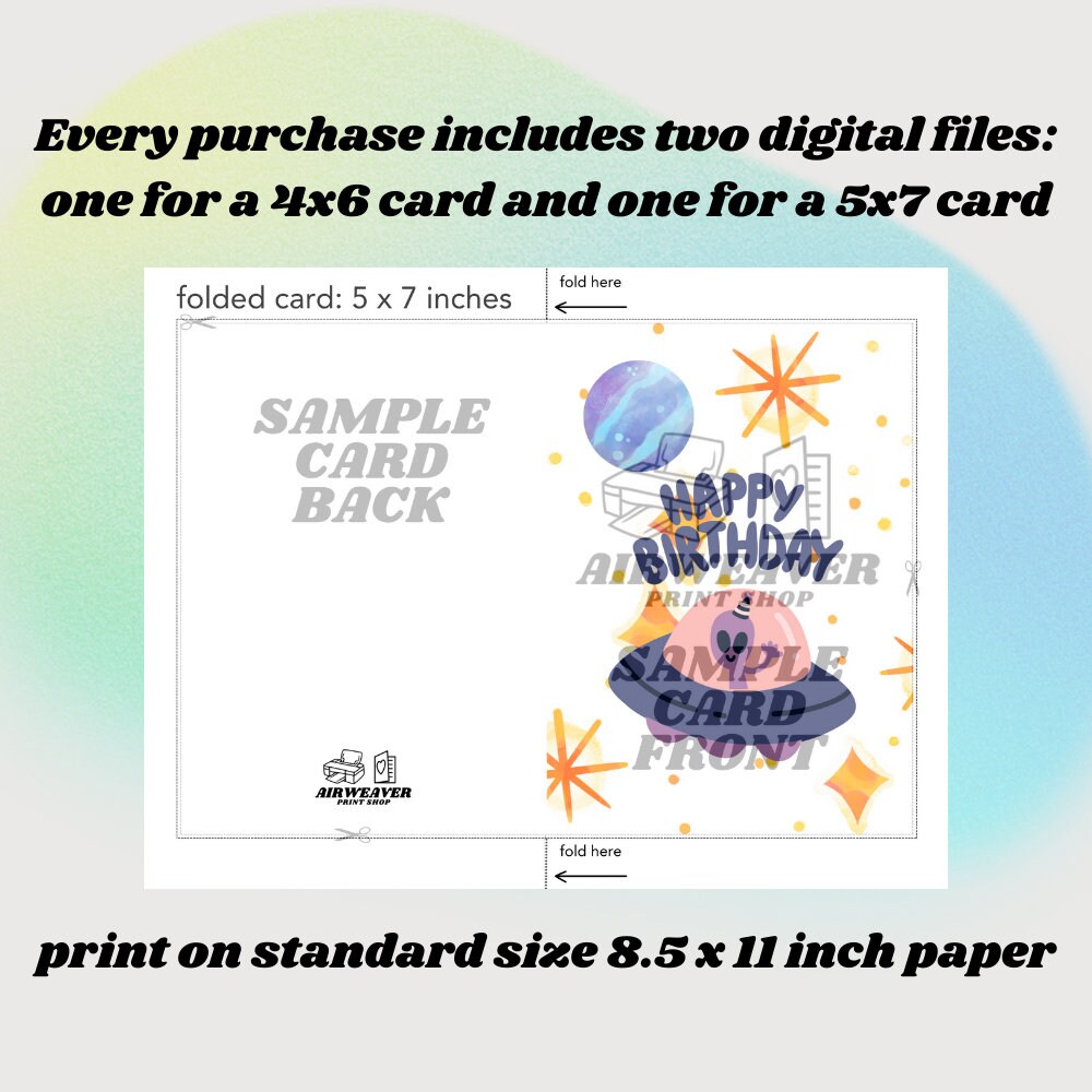 Printable Alien Happy Birthday Card, Folded Greeting Card, Includes Two ...